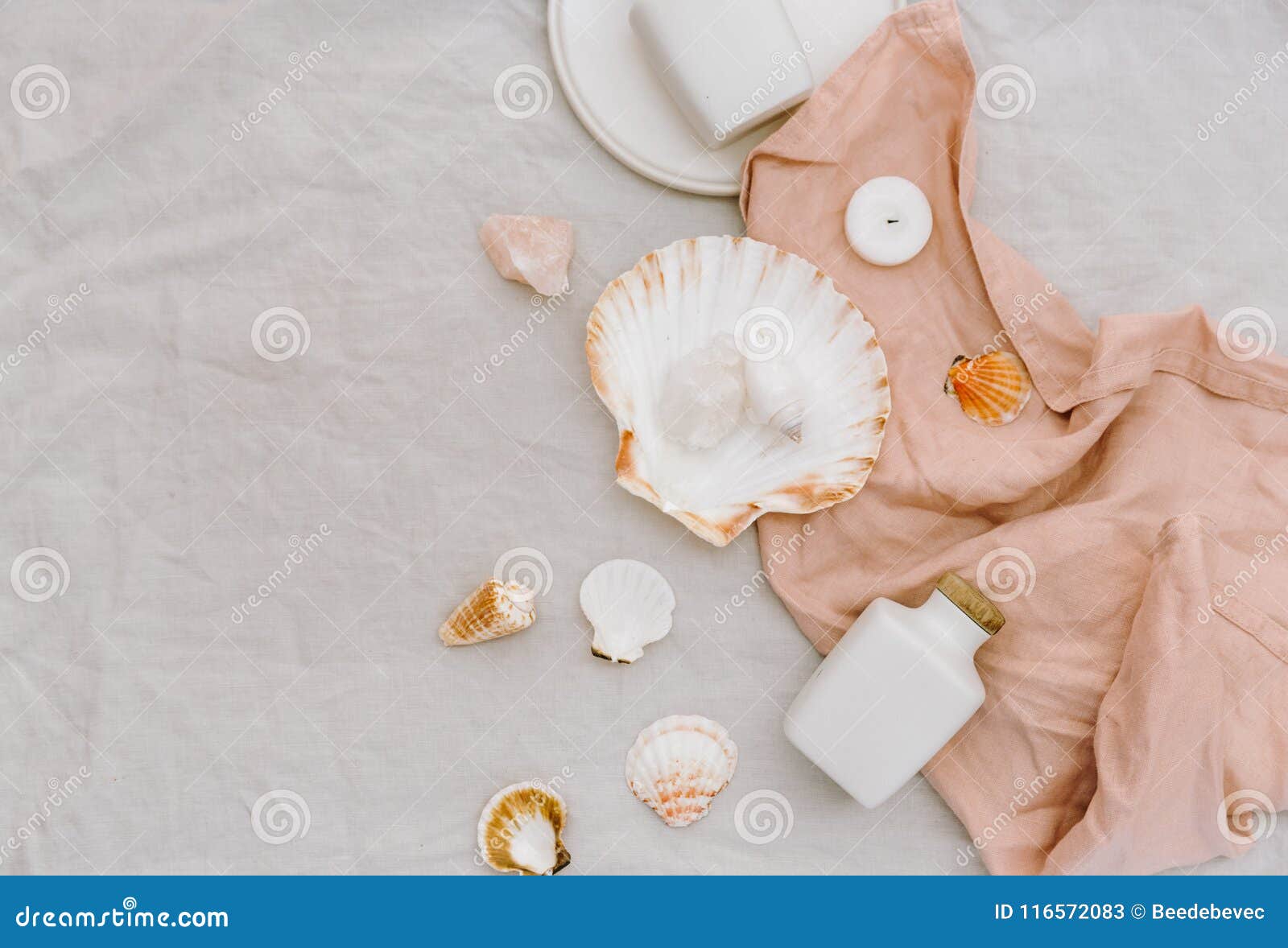 Flat Lay Sea Shells with Bottle on Linen Stock Image - Image of maritim ...