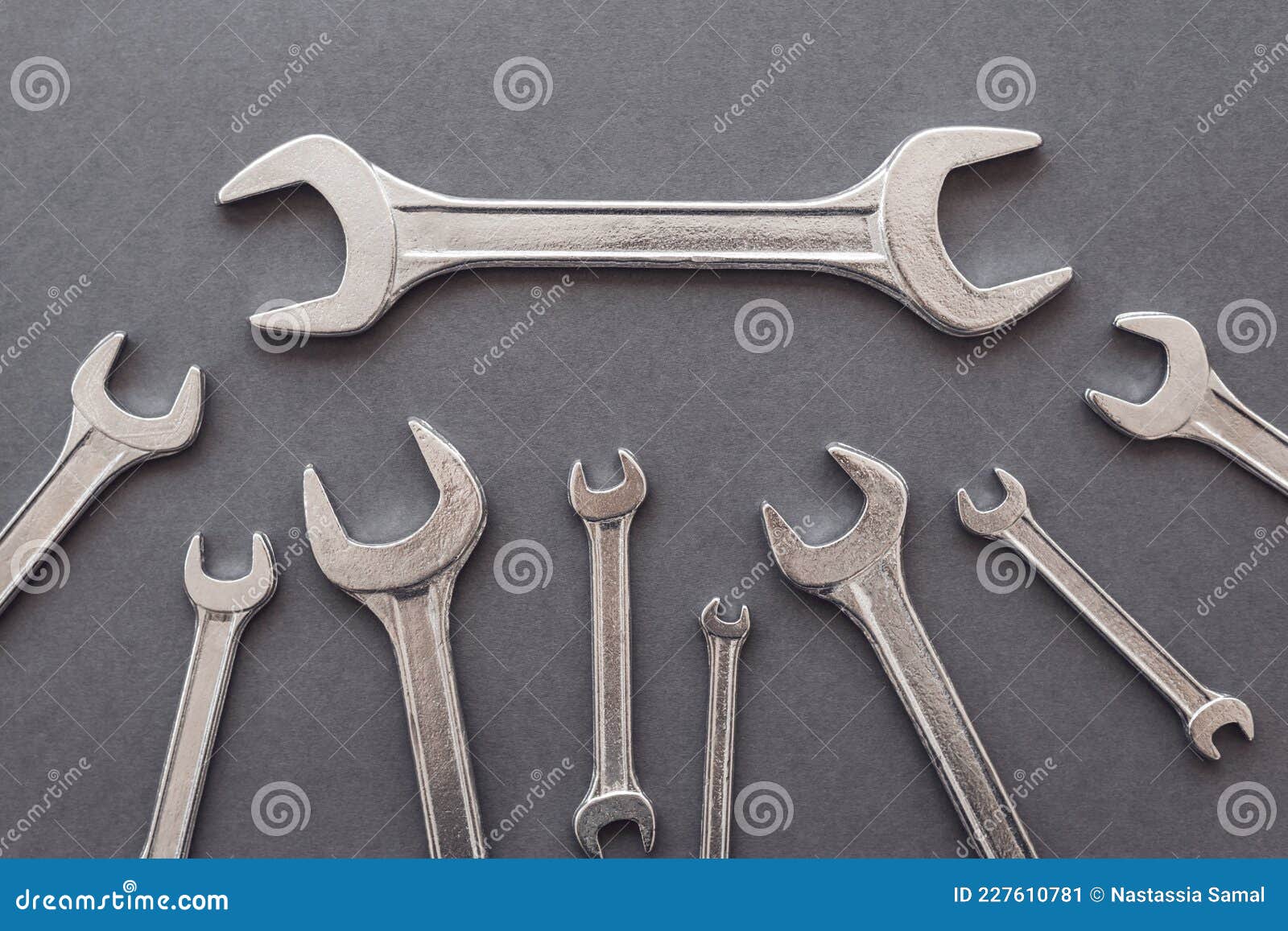 Flat Lay of Set of Spanners and Wrench on Blue Grey Background ...