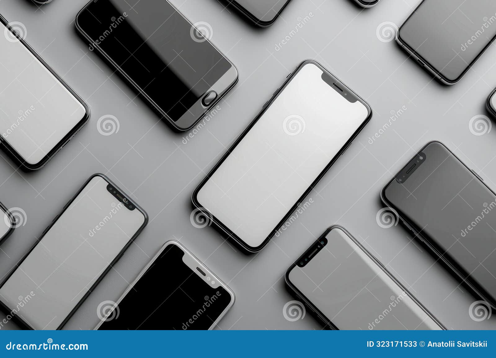 A Flat Lay of Several Modern Smartphones Arranged in Different Angles ...