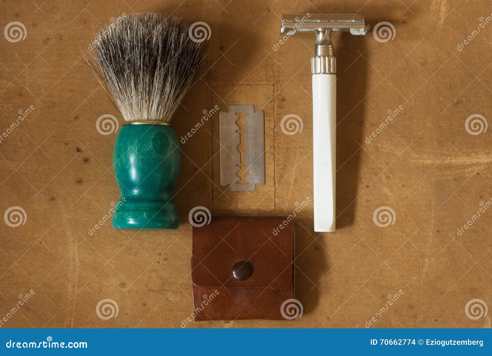 Flat Lay of Shaving Equipment on Wooden Table and Vintage Background ...