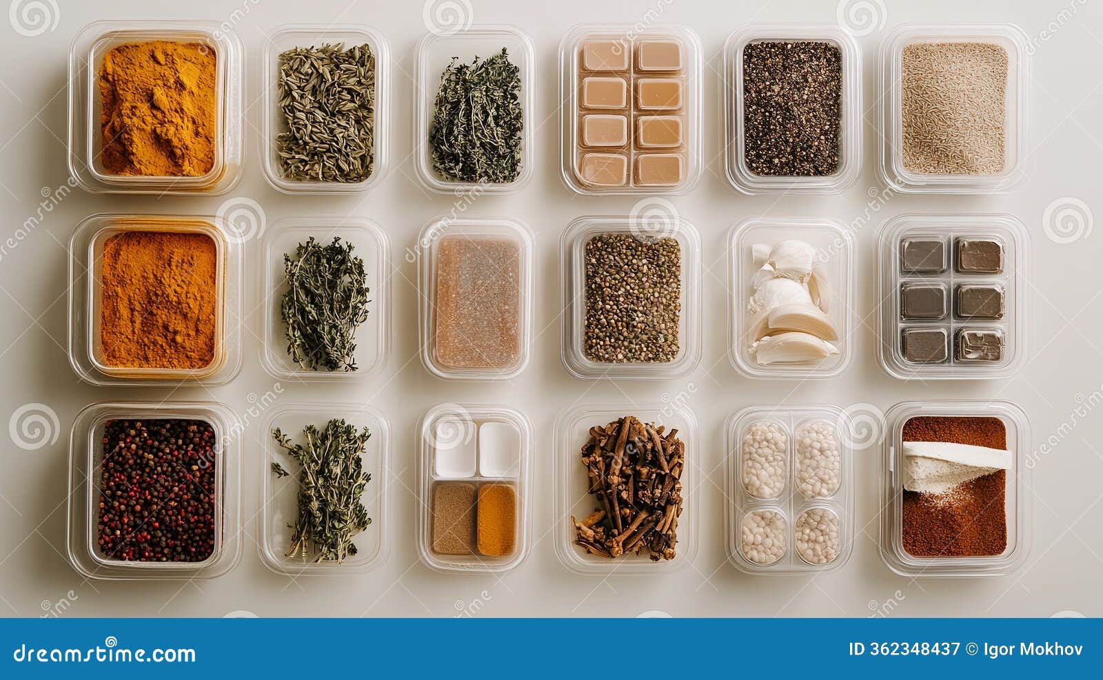 A Flat Lay of Spices and Herbs in Small Containers, Ready for Meal Kits ...