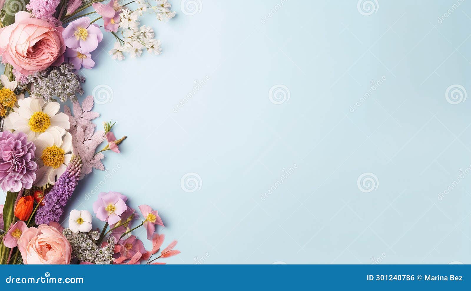 Flat Lay of Spring Flowers on Blue Background with Copy Space Stock ...