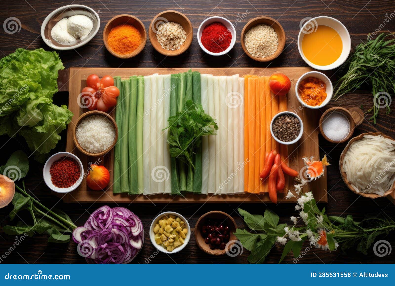 Flat Lay of Spring Roll Preparation Process Stock Photo - Image of roll ...