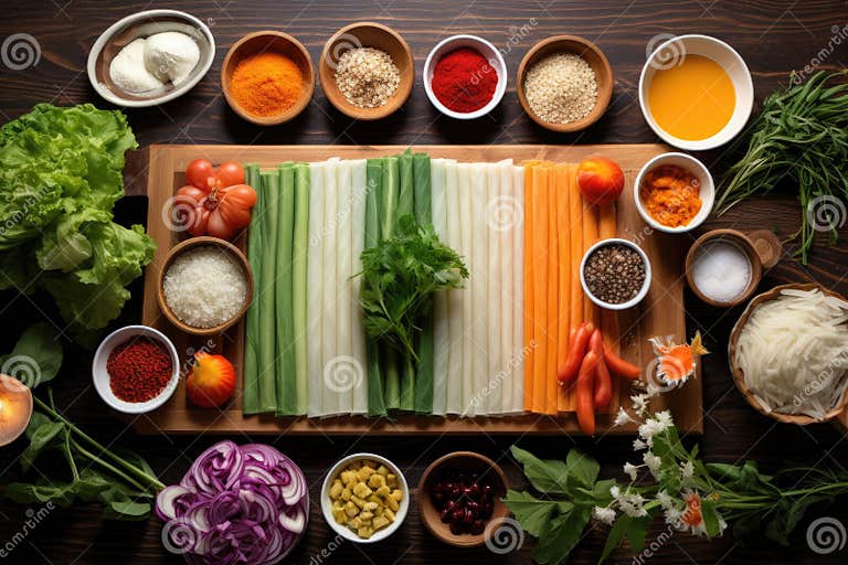 Flat Lay of Spring Roll Preparation Process Stock Photo - Image of roll ...