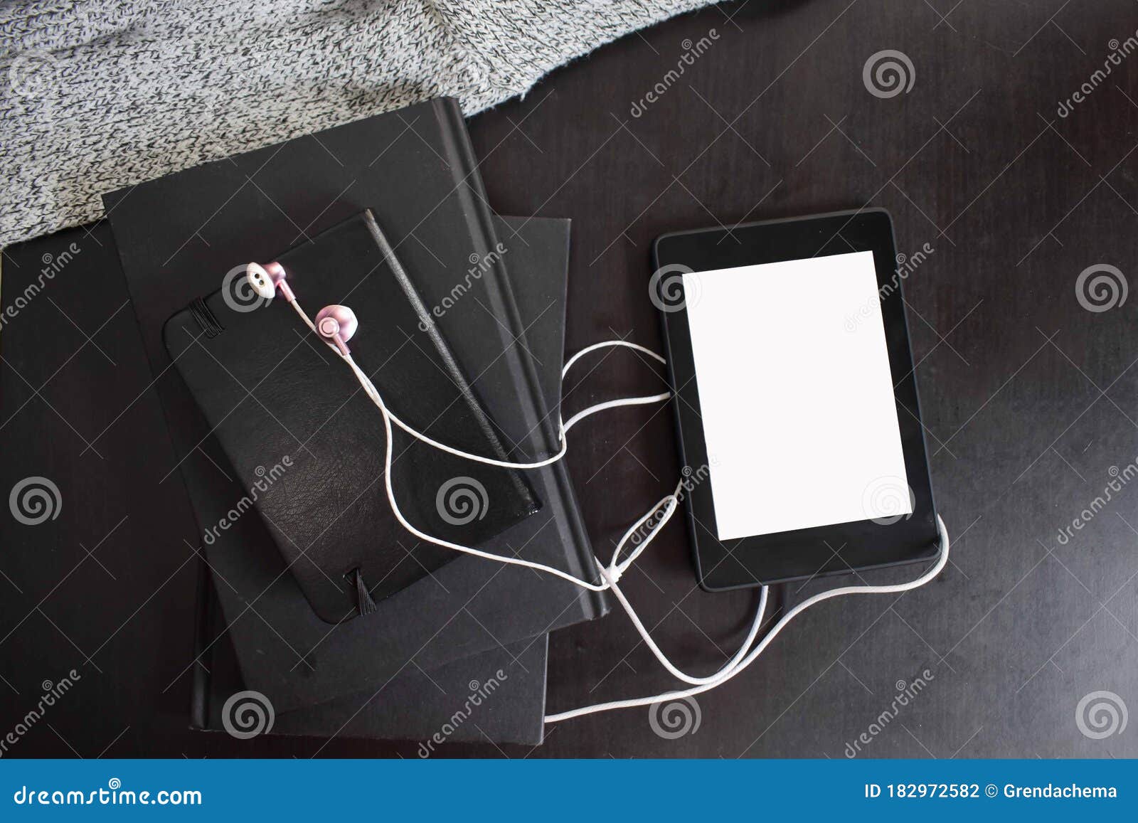 Flat Lay of Tablet with Blank Screen with Headsets. Stock Photo - Image ...