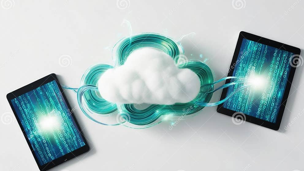 Flat Lay of Tablet and Smartphone Displaying Binary Code Streams Flowing into Glowing Cloud ...