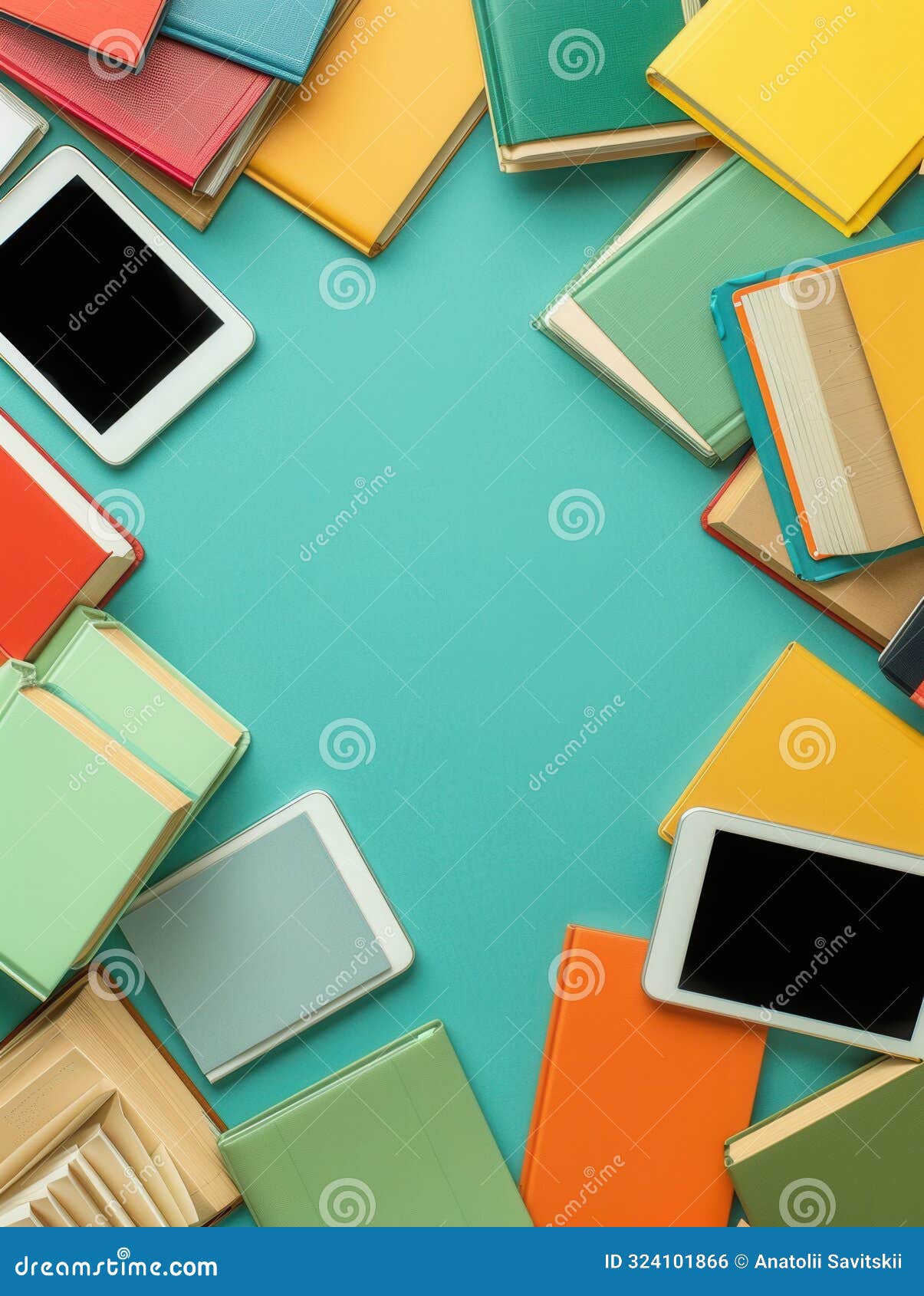 A Flat Lay of Tablets and Books on a Blue Background, Showcasing Modern ...