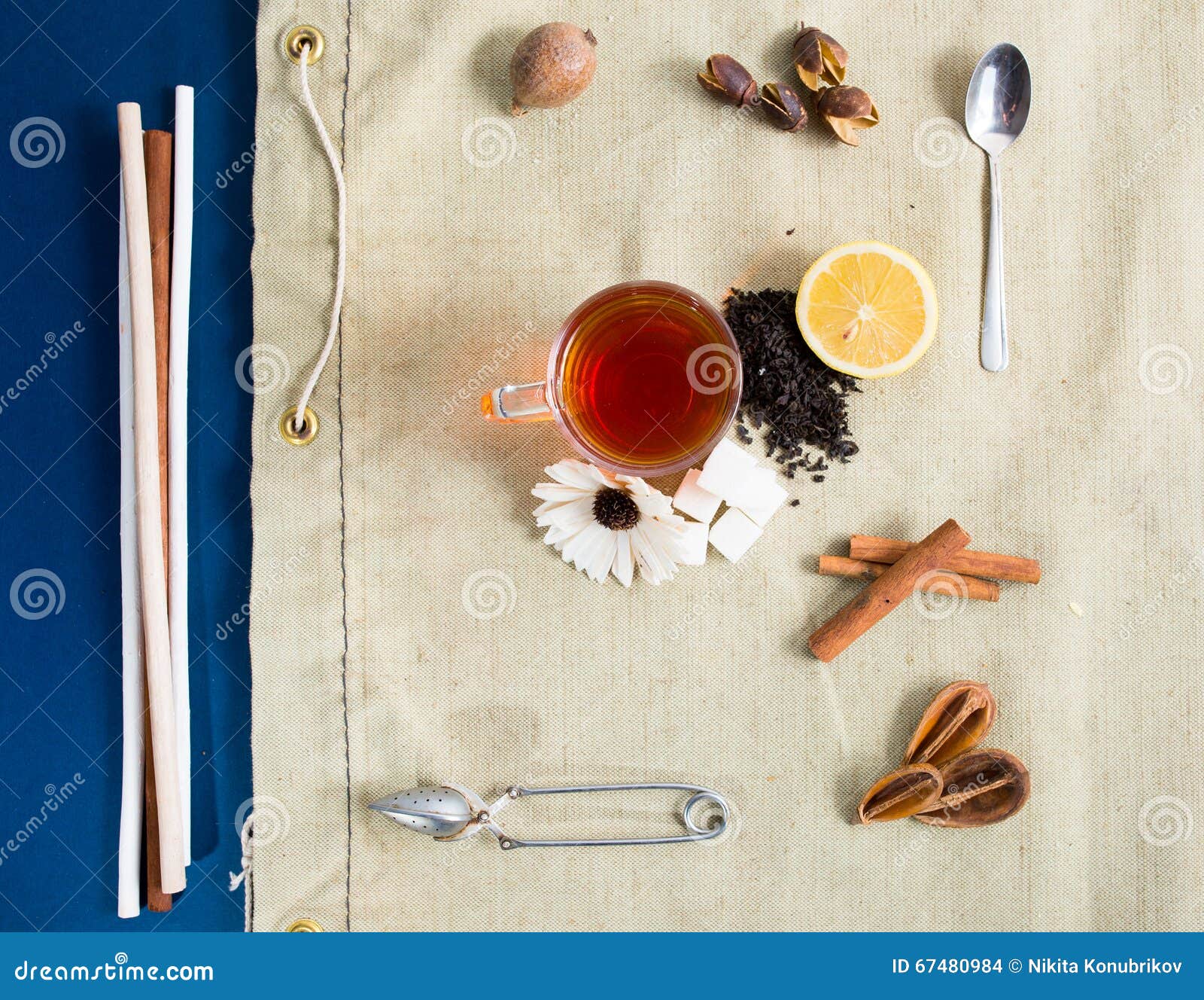 Flat Lay Tea Acessories Set. Stock Photo - Image of flower, sticks ...