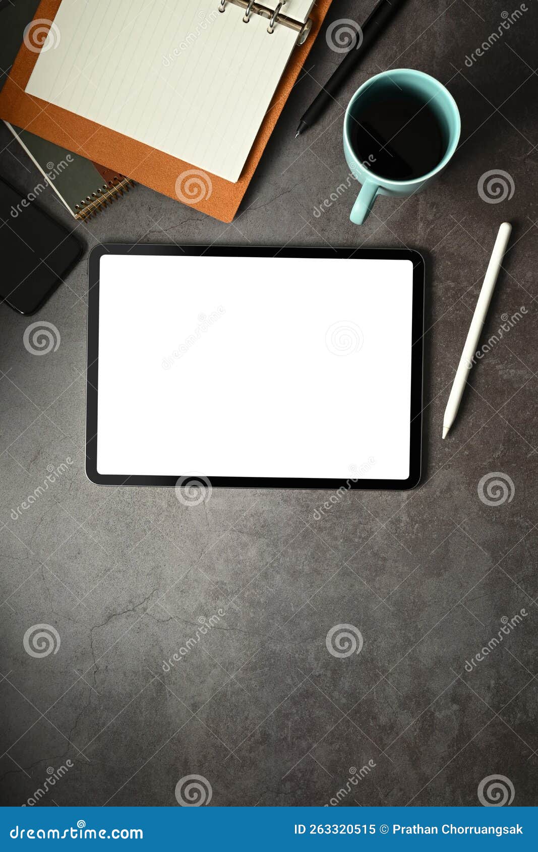 Flat Lay, Top View of Digital Tablet, Stylus Pen, Notepad and Coffee ...