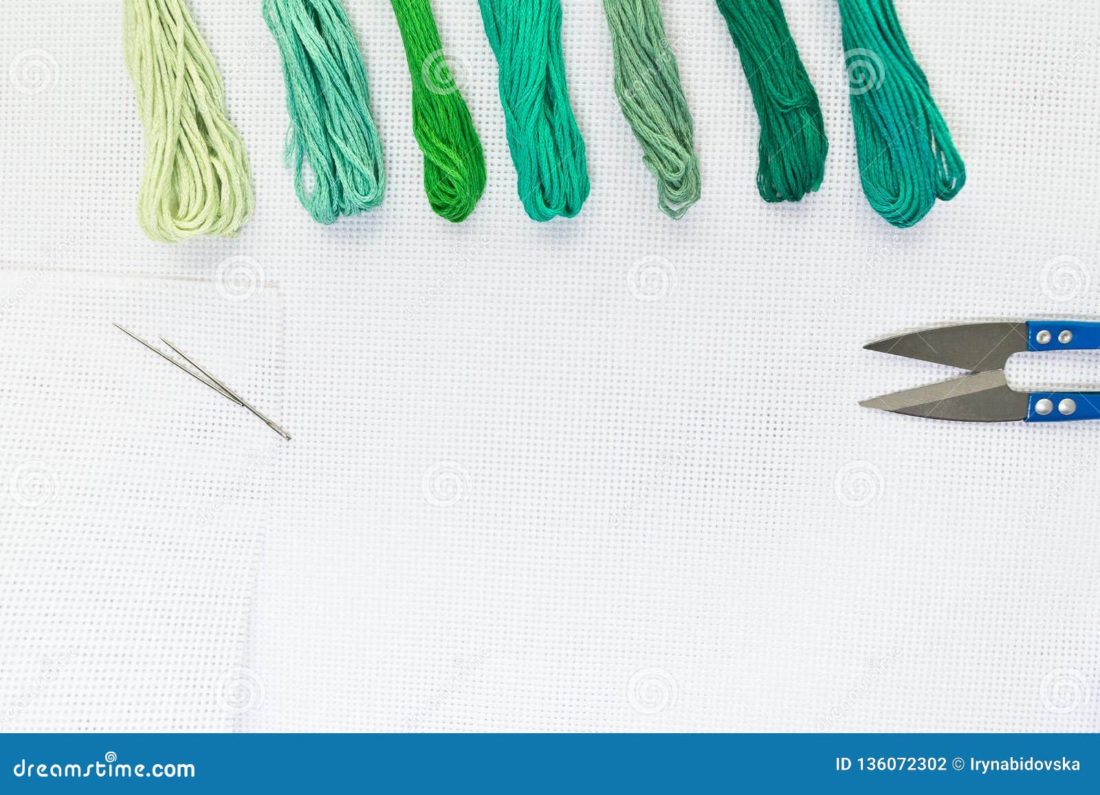 Flat Lay Top View with an Embroidery Canvas, Needles, Threads in Green ...