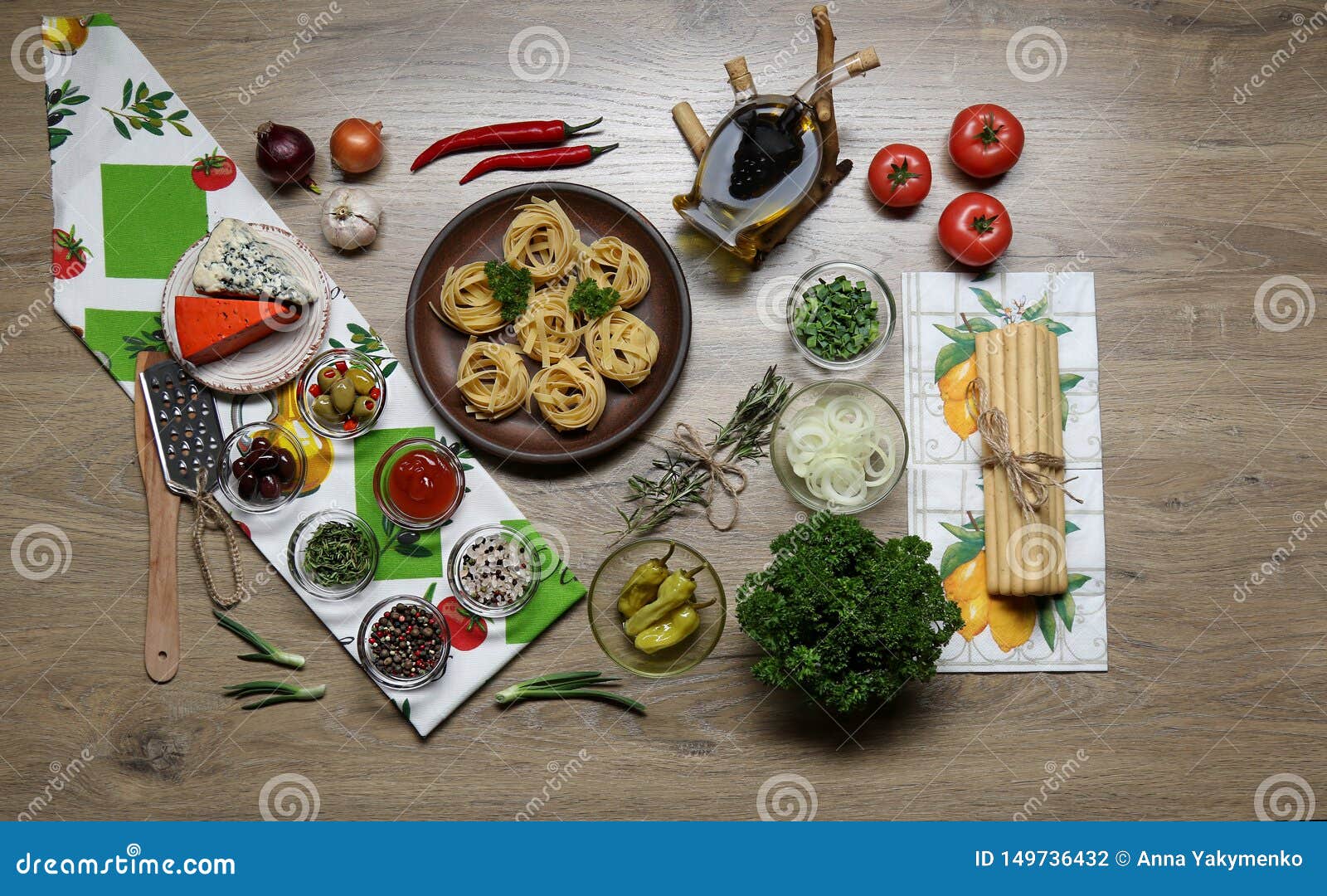 Flat Lay, Top View on the Ingredients for Cooking Pasta on the ...