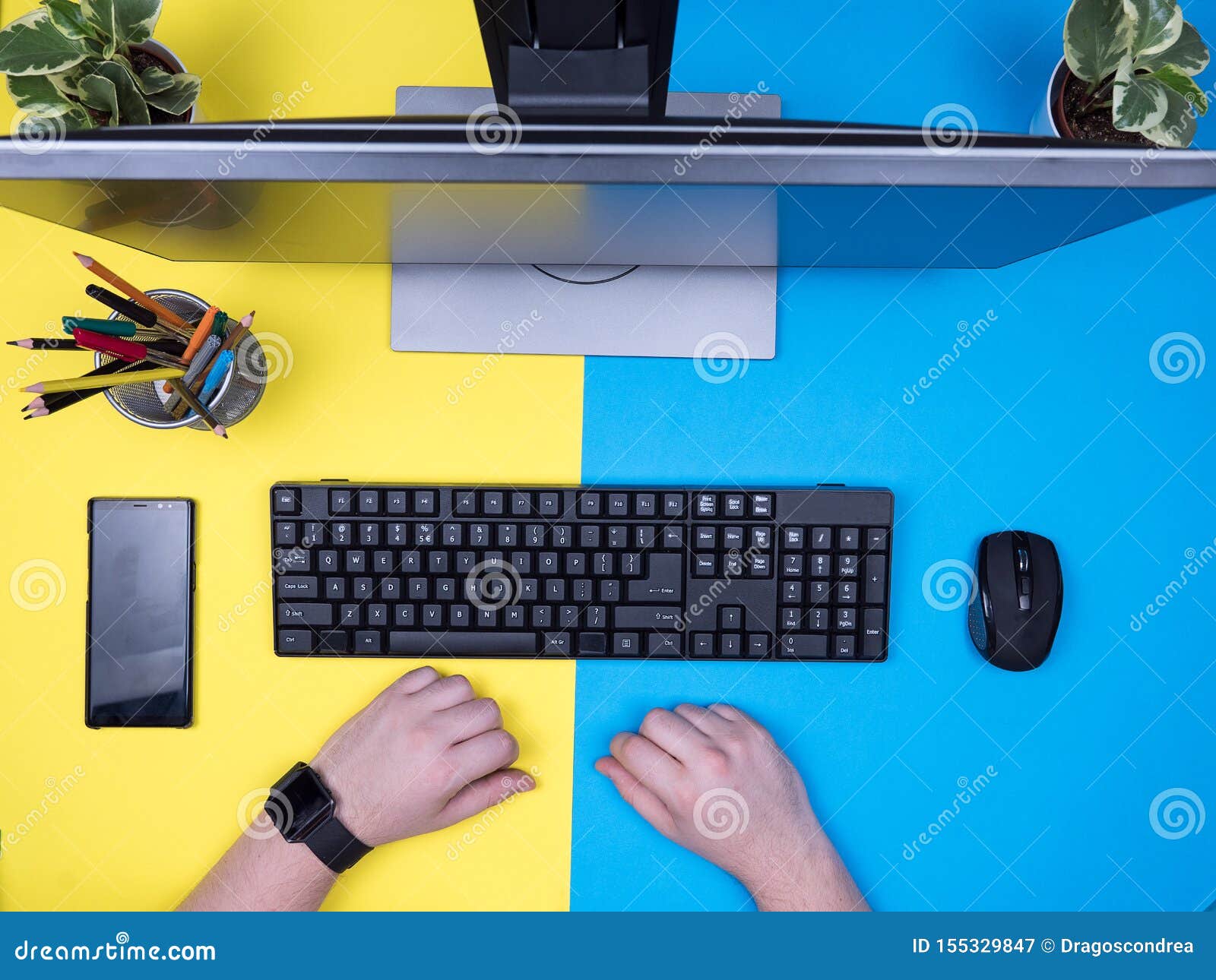 Flat Lay Top View of Man Holding Hands on His Desk Stock Image - Image ...