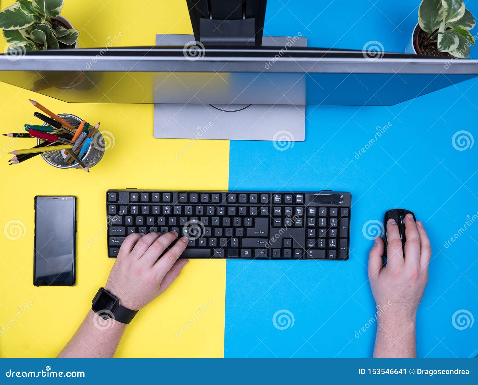 Flat Lay Top View of Man Sitting at His Office Typing on Keyboard Stock ...