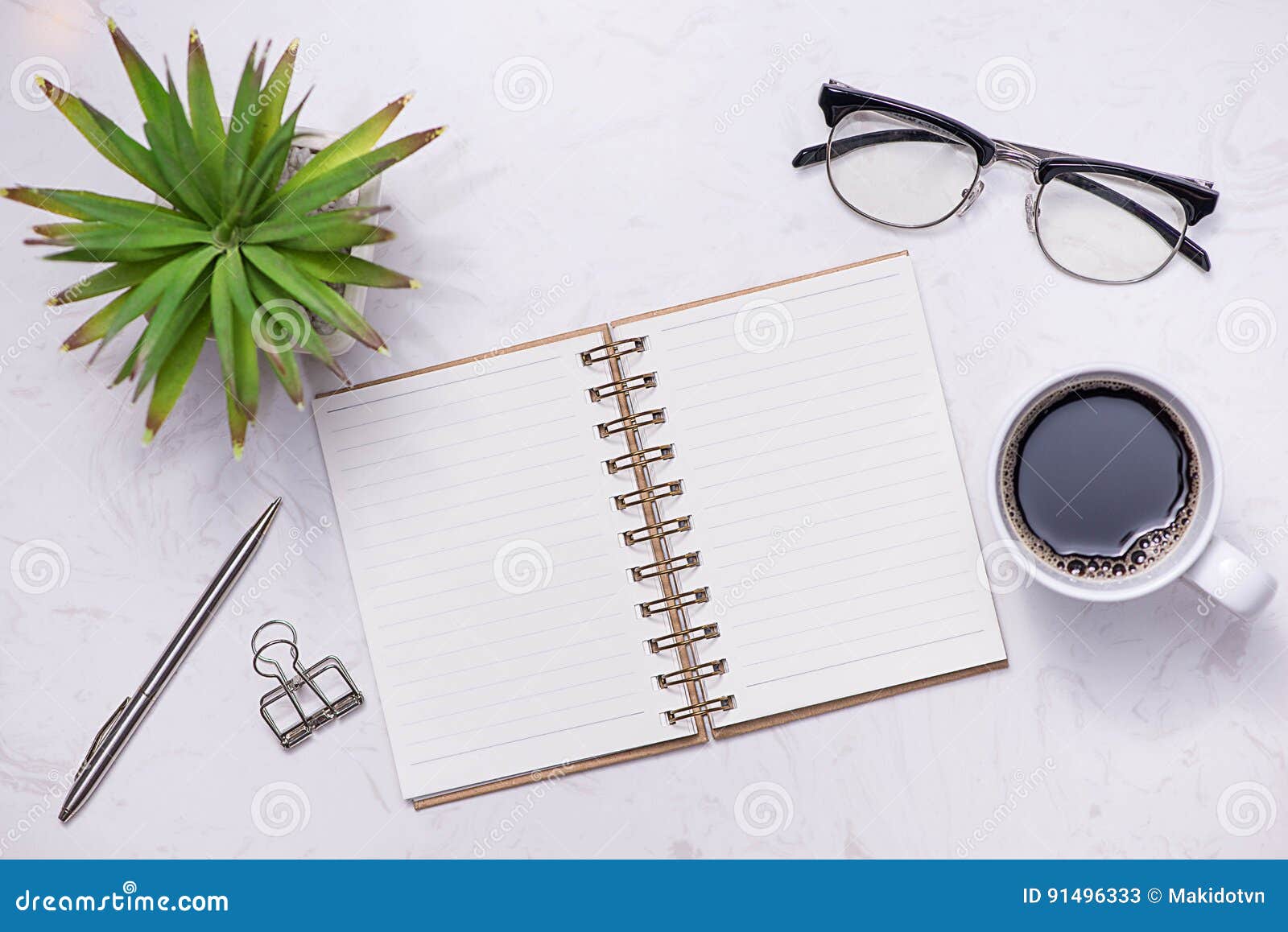 Flat Lay, Top View of Open Notebook and Other Supplies. Stock Image ...