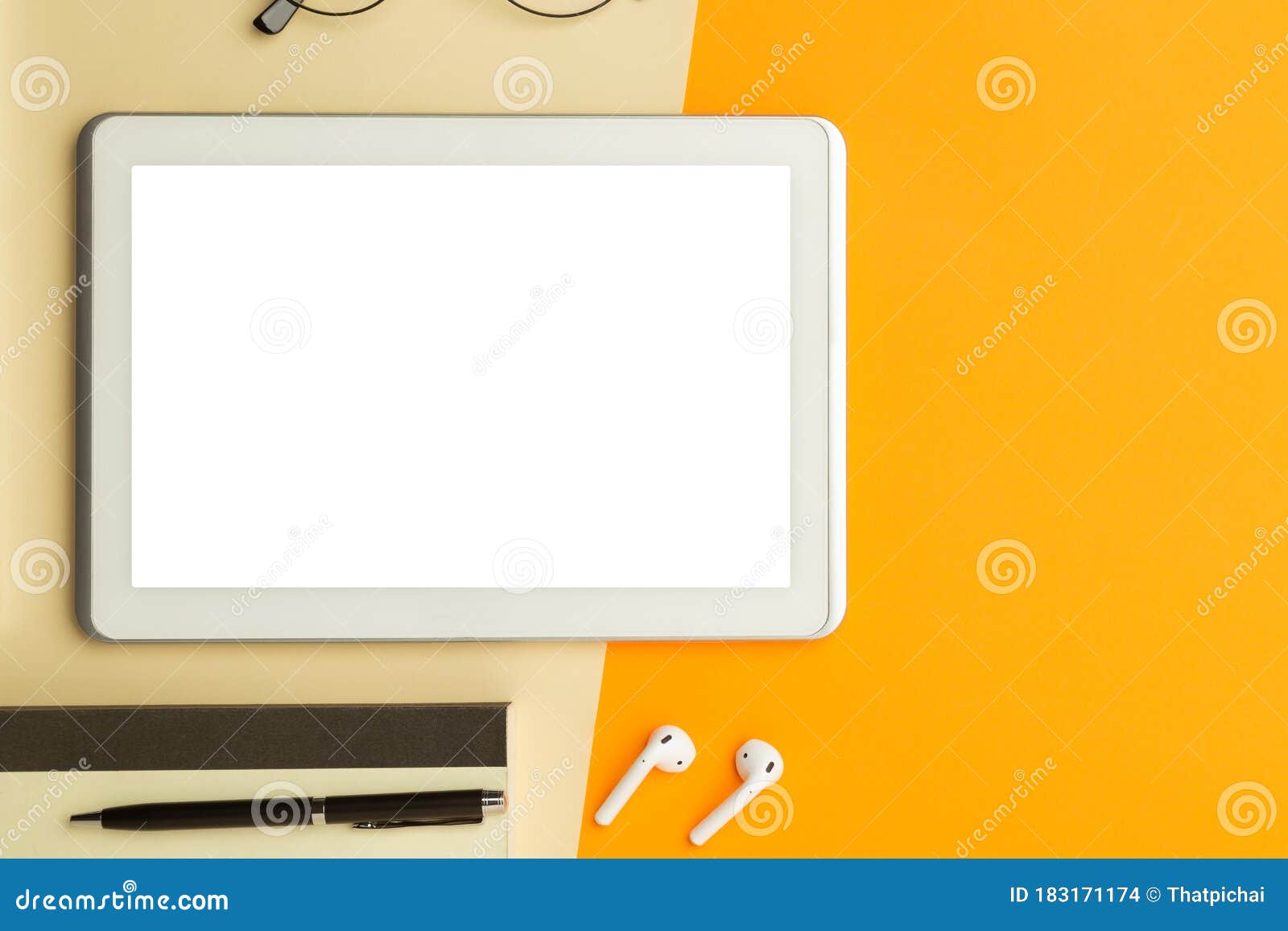 Flat Lay, Top View of Orange Office Table Desk with Tablet Computer ...