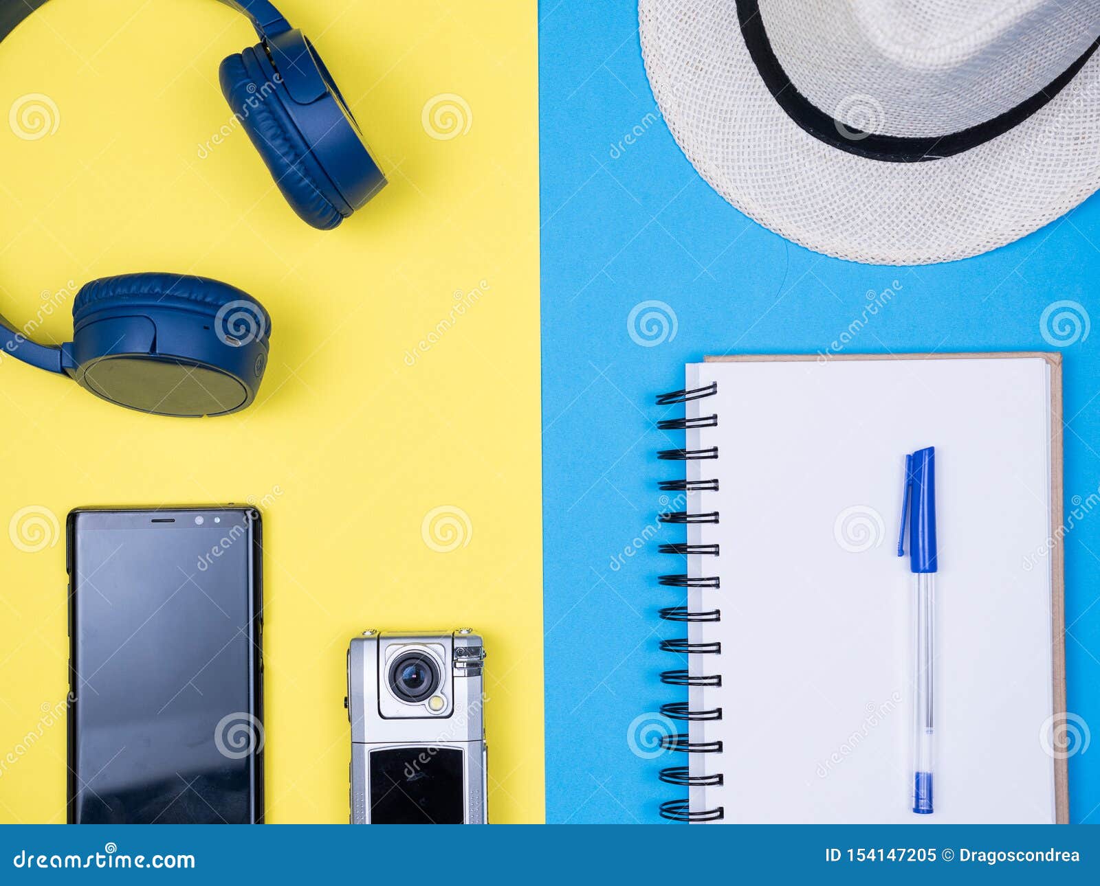 Flat Lay Top View Traveler Journal Over Blue Background Stock Image ...