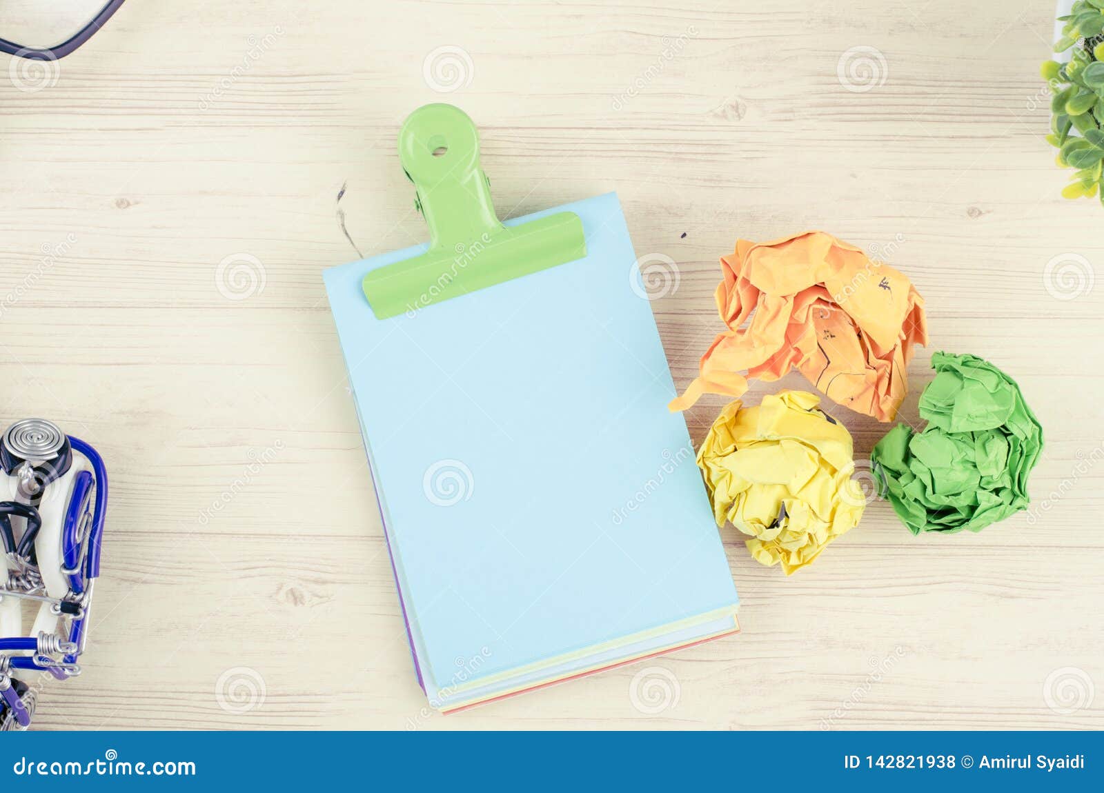 Flat Lay or Top View Wooden Office Table Desk with Stationary Stock ...