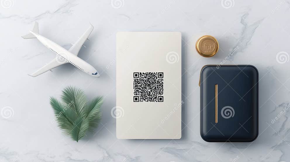 Flat Lay of Travel Essentials Including a Passport, QR Code, Airplane ...