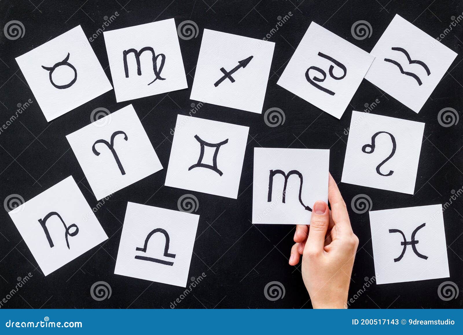 Flat Lay of Twelve Zodiac Signs. Horoscope Concept, Top View Stock ...