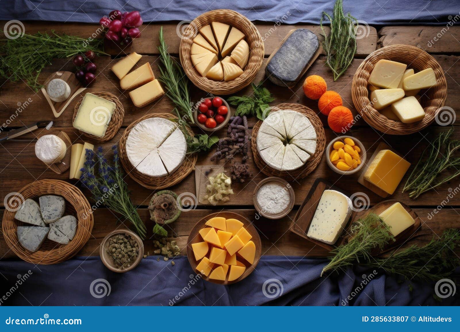 Flat Lay of Various Artisanal Cheese Wheels on a Wooden Table Stock ...