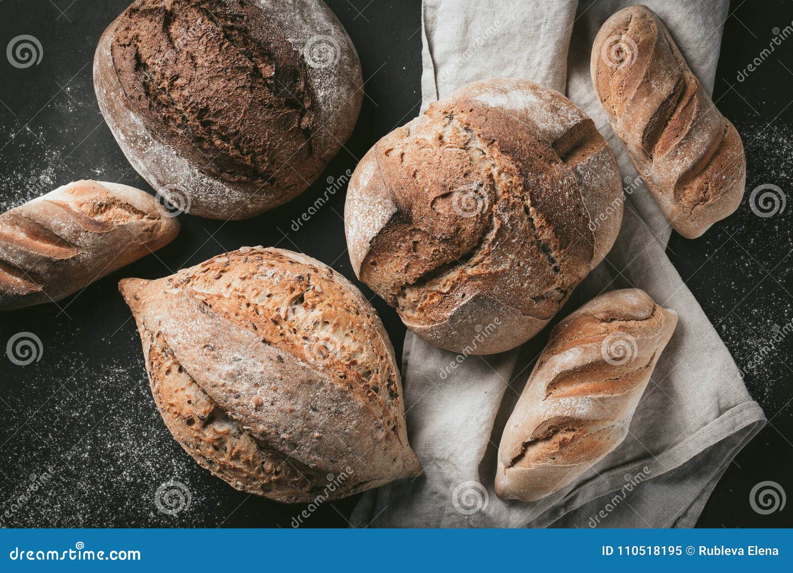 Flat-lay of Various Bread Selection. Multigrain Rustic Bread on Kitchen ...