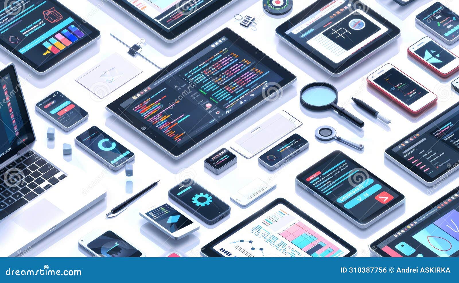 Flat Lay of Various Devices with Programming Code Interface. Software ...
