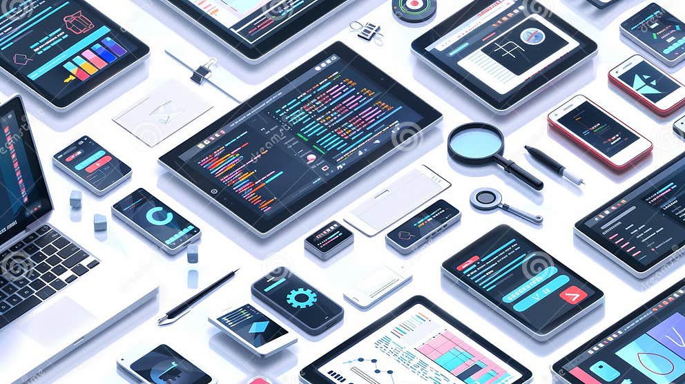 Flat Lay of Various Devices with Programming Code Interface. Software ...