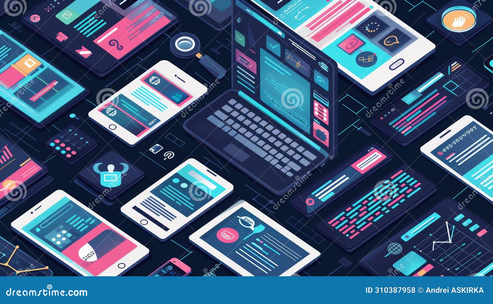 Flat Lay of Various Devices with Programming Code Interface. Software ...