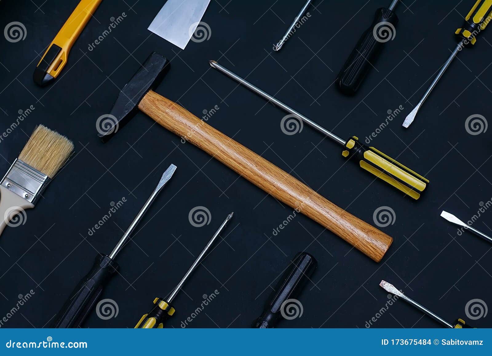 Flat Lay with Various Hand Construction Tools on a Black Background ...