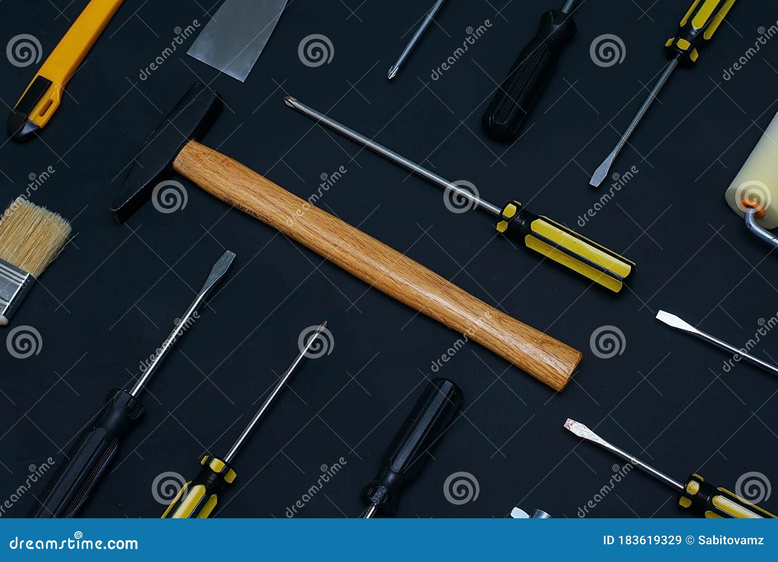 Flat Lay with Various Hand Construction Tools on a Black Background ...