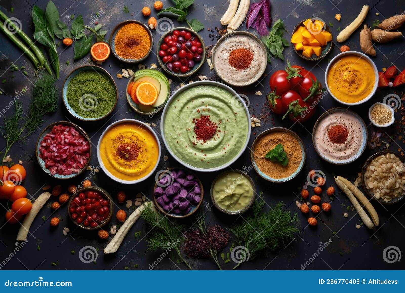 Flat Lay of Various Hummus Flavors and Colorful Toppings Stock Image ...