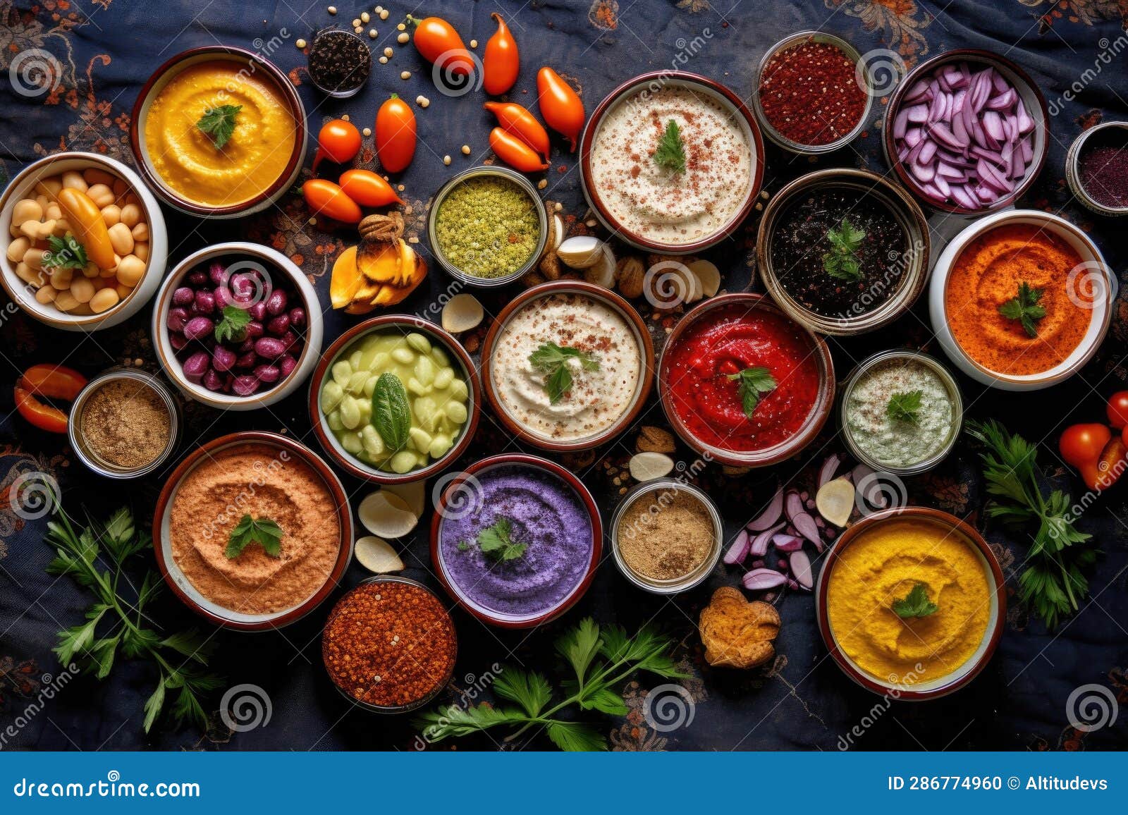 Flat Lay of Various Hummus Flavors and Colorful Toppings Stock ...