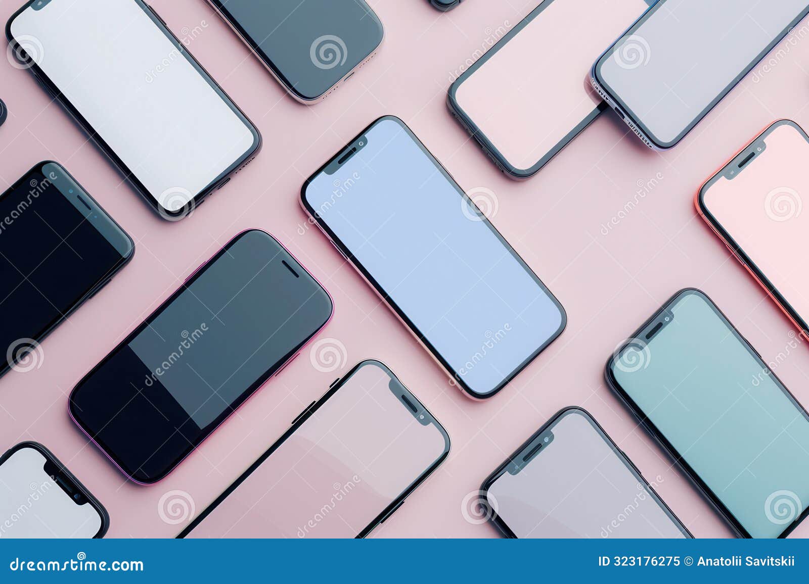 A Flat Lay of Various Modern Smartphones with Blank Screens Arranged in ...