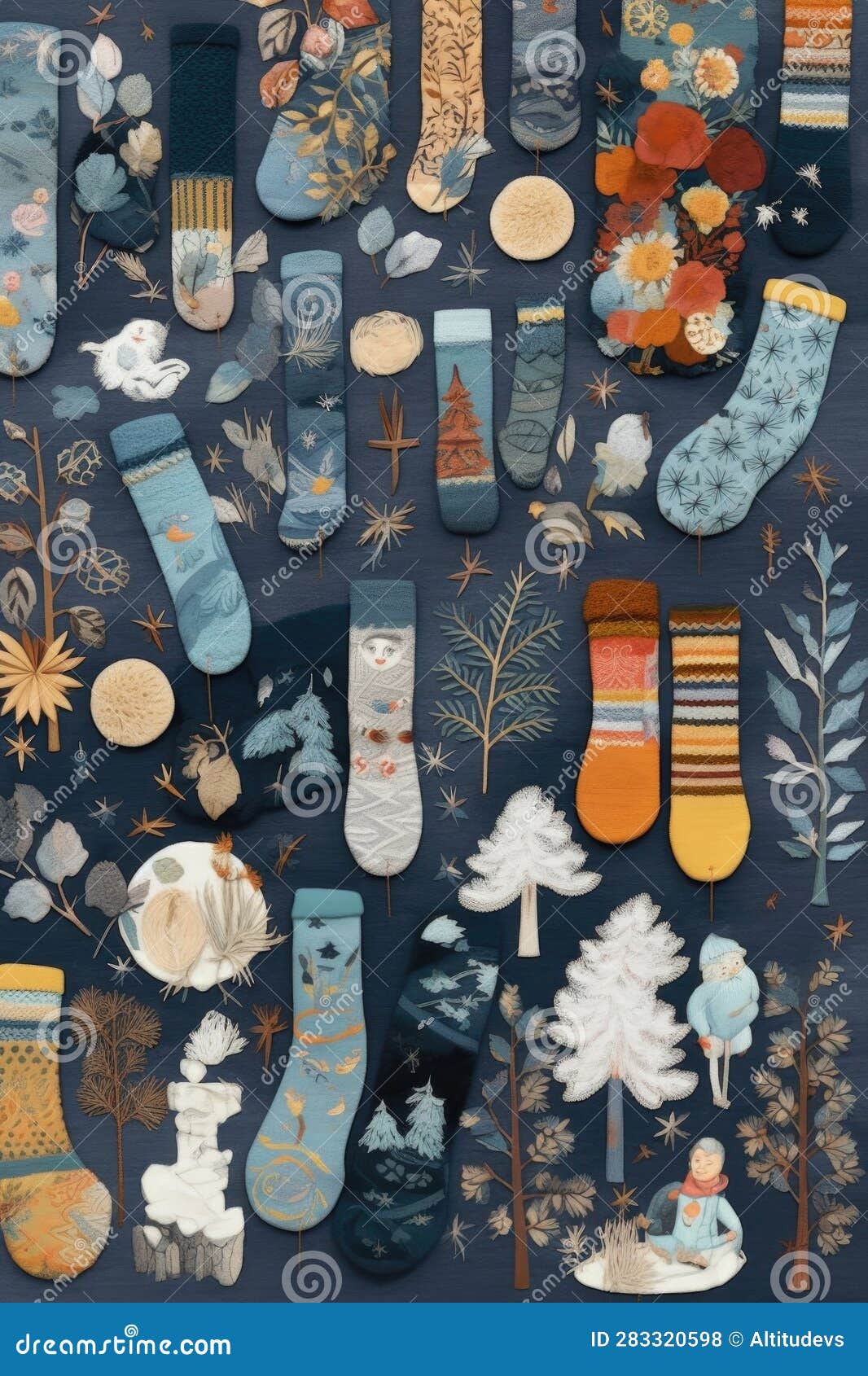 Flat Lay of Various Socks with Winter-inspired Designs Stock ...