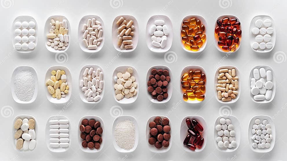 Flat Lay of Vitamin and Supplement Containers in a Minimalist Grid ...