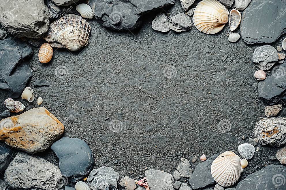 A Flat Lay of Volcanic Rocks and Shells on a Smooth Surface. Picture ...