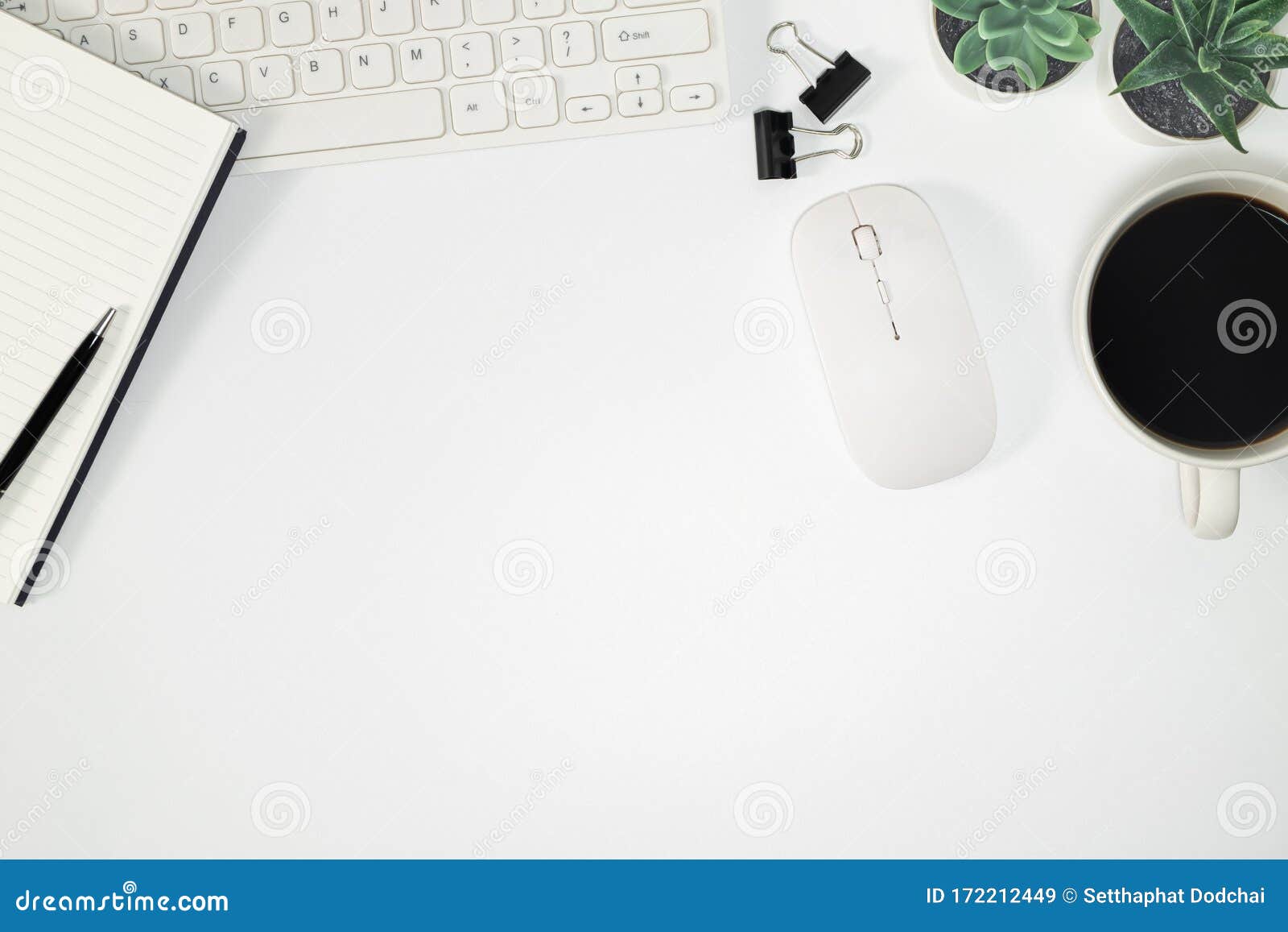 Flat Lay, White Office Desk Table. View from Above with Open Notebook ...