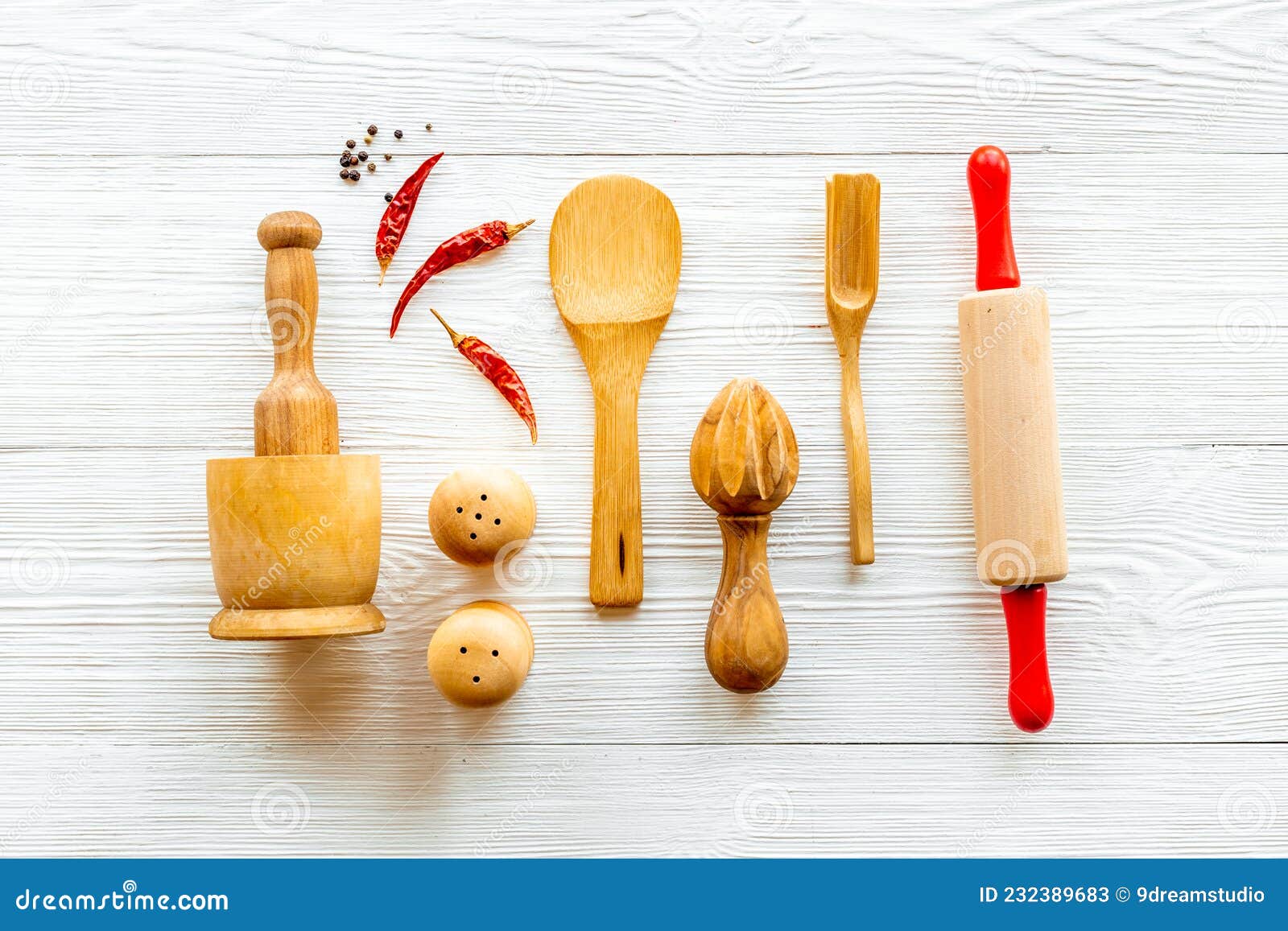 Flat Lay of Wooden Kitchen Utensils and Cookware Stock Image - Image of ...