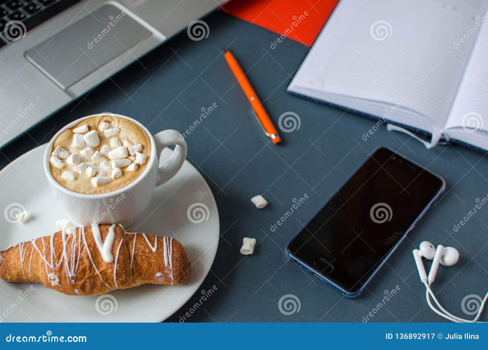 Flat Lay of Workspace Desk, with Notebook, Coffe and Croissant Stock ...