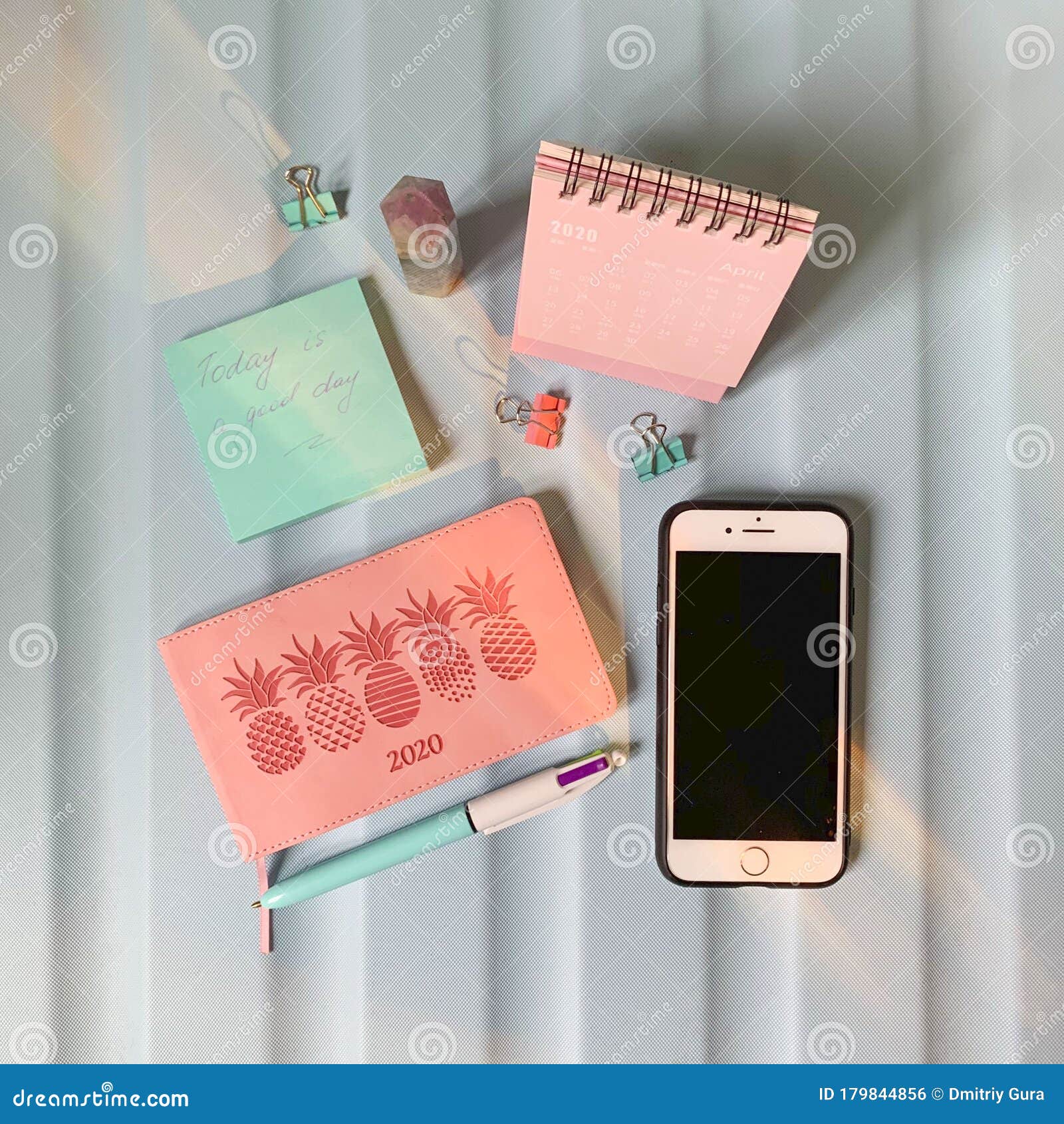 Flat Layout of Blank Notepad with Pen and Stickers on Colorful ...