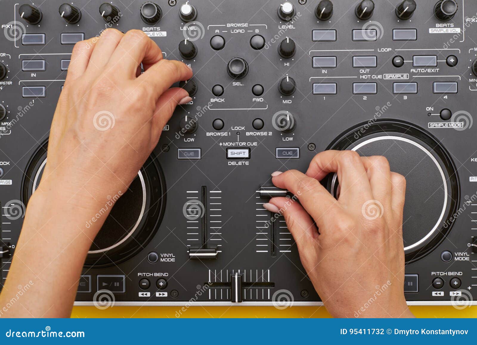 Flat Layout of Mixing Console and Woman Hands Stock Photo - Image of ...