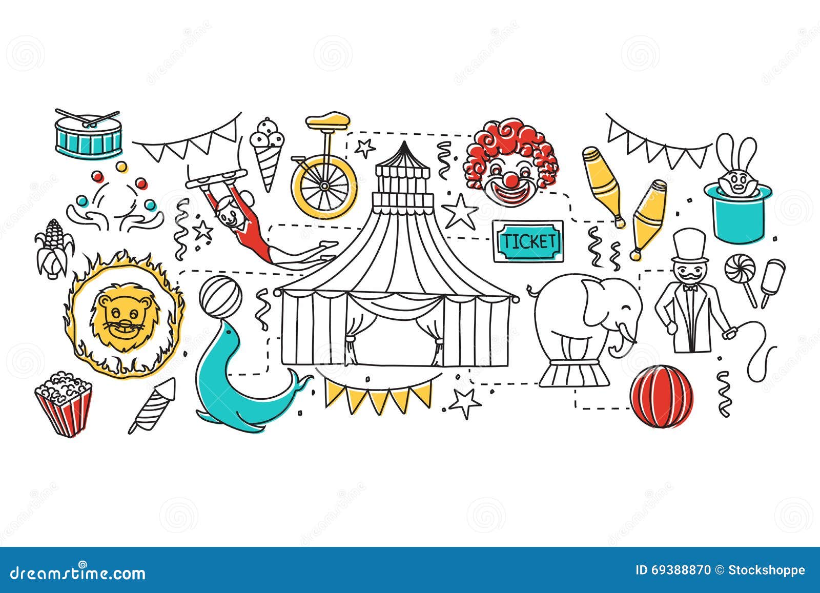 Flat Line Art Design of Circus Concept Stock Vector - Illustration of ...