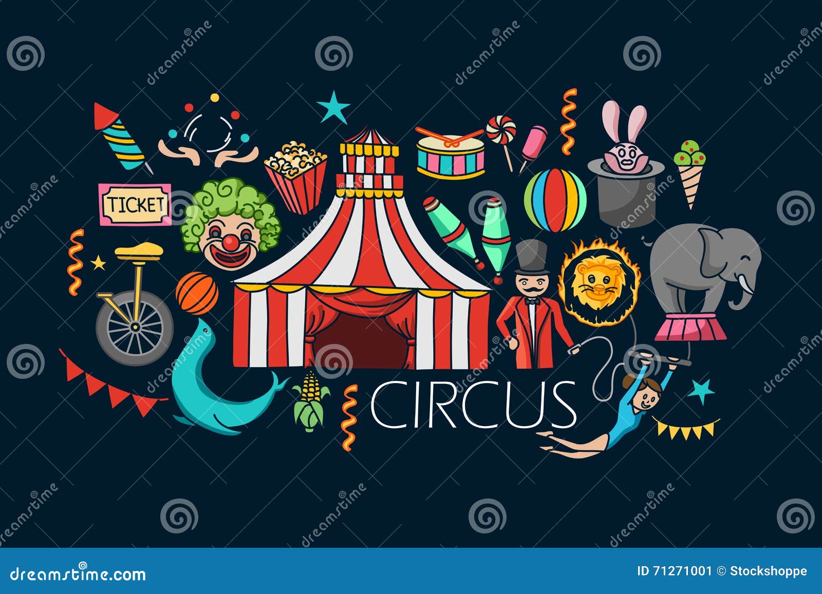 Flat Line Art Design of Circus Concept Stock Vector - Illustration of ...