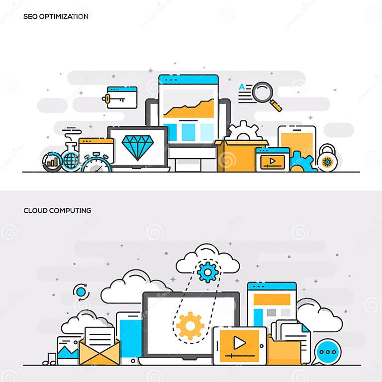 Flat Line Color Concept- Seo and Cloud Computing Stock Vector ...