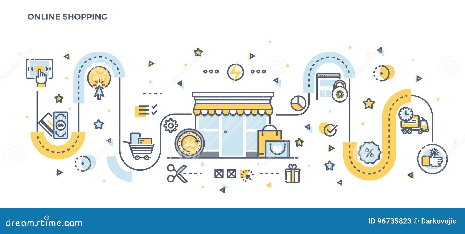 Flat Line Design Header - Online Shopping Stock Vector - Illustration ...