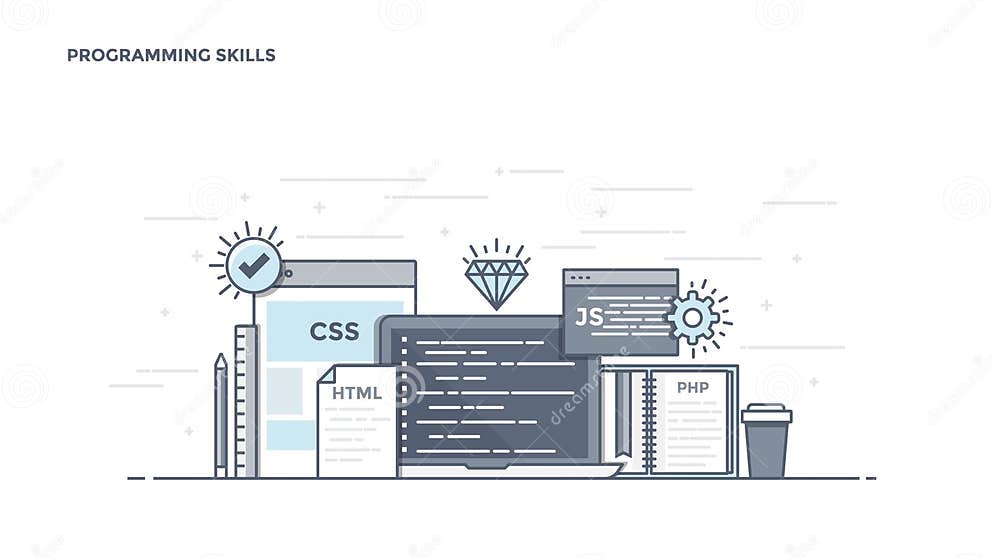 Flat Line Design Header - Programming Skills Stock Vector ...