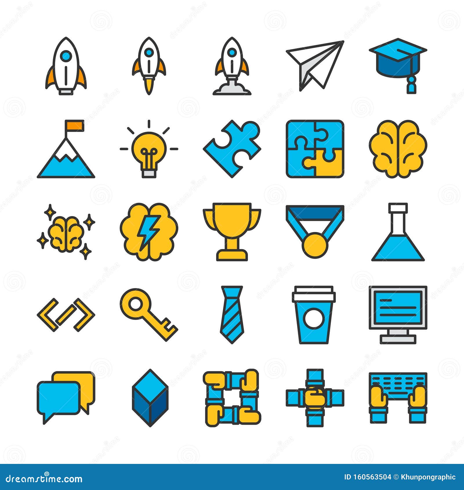 Flat Line Icon Set, Business Startup Successful, Rocket Launch Creative ...