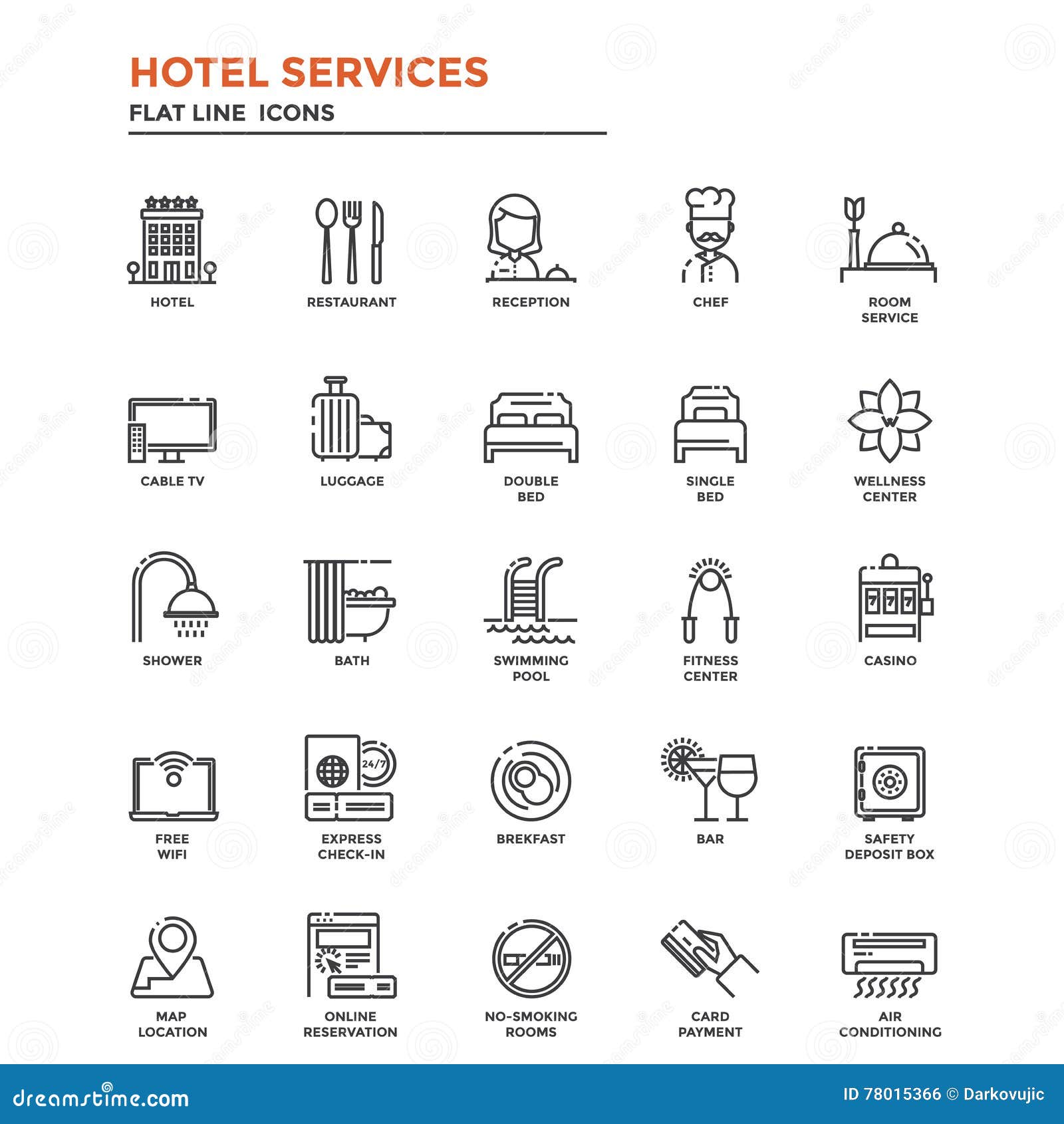 Flat Line Icons- Hotel Service Stock Vector - Illustration of card ...