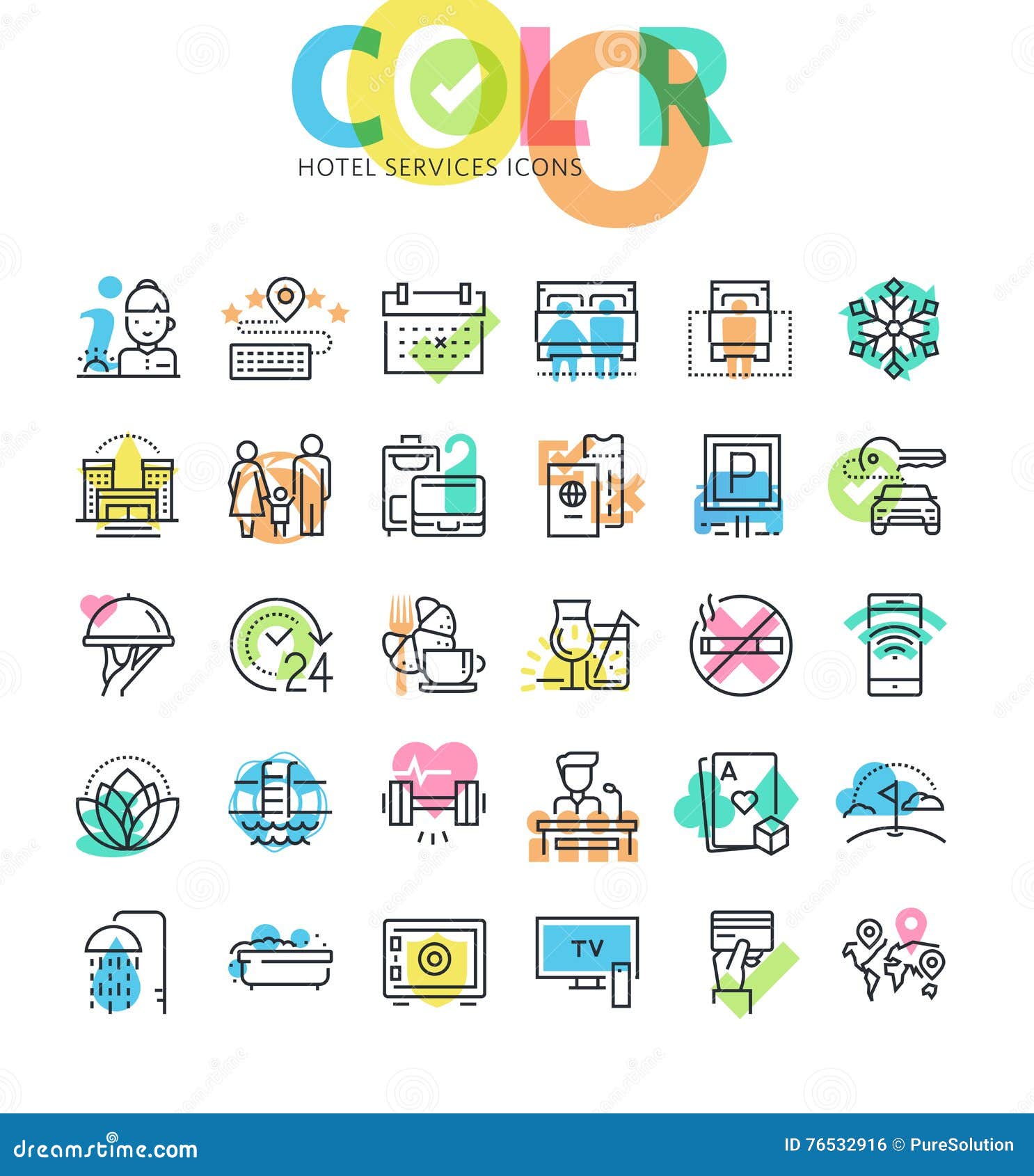 Flat Line Icons Set of Hotel Booking, Accommodation, Hotel Services and ...