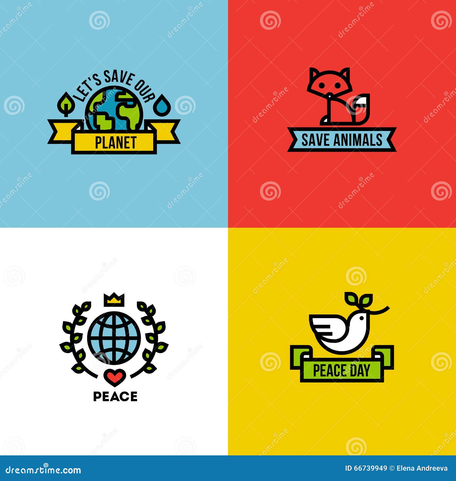 Flat Line Illustration of Green Planet, Peace Day and Save the Animals ...